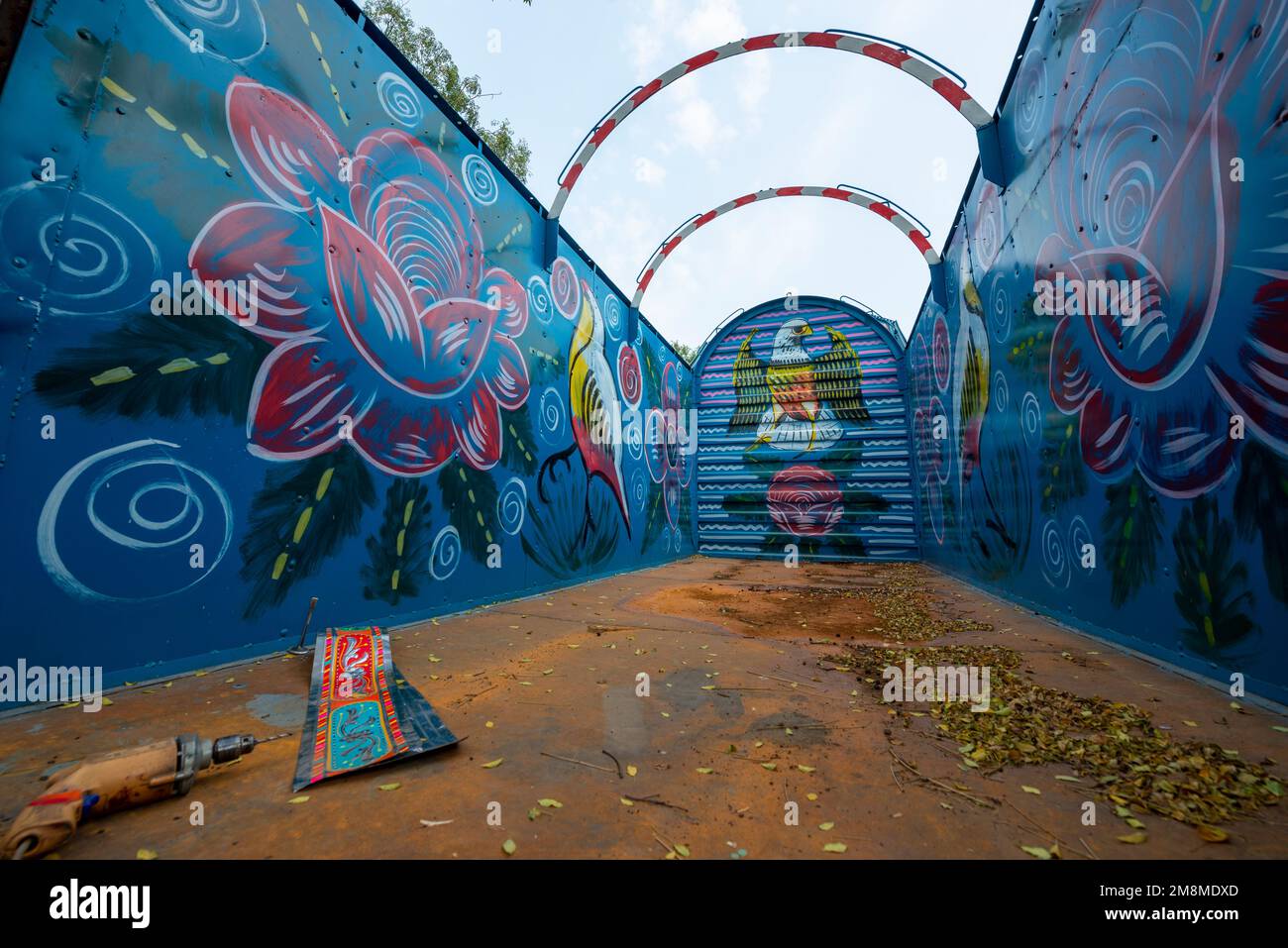 Colorful loading area of a painted truck at the workshop, Peshawar ...