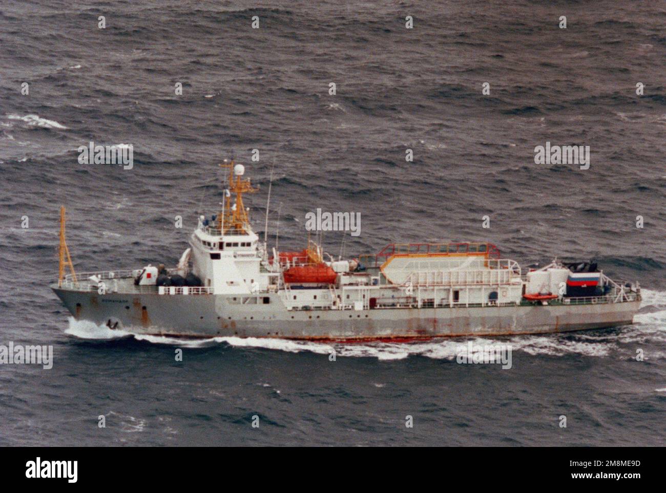 Aerial port side view of the Russian Ministry of Fisheries protection ...