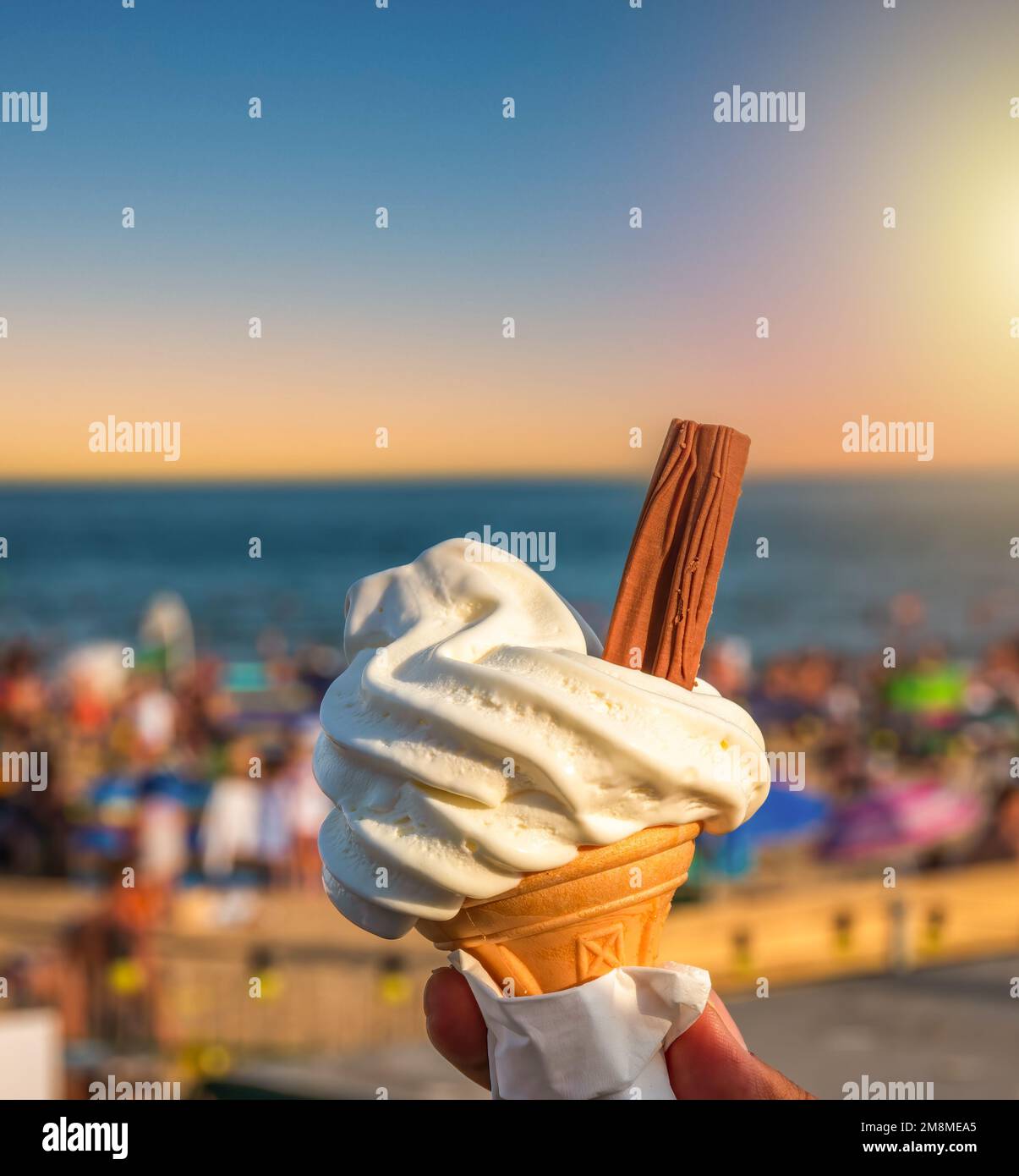 Ice Cream cone on a sky blue background. Bournemouth beach in Dorset ...