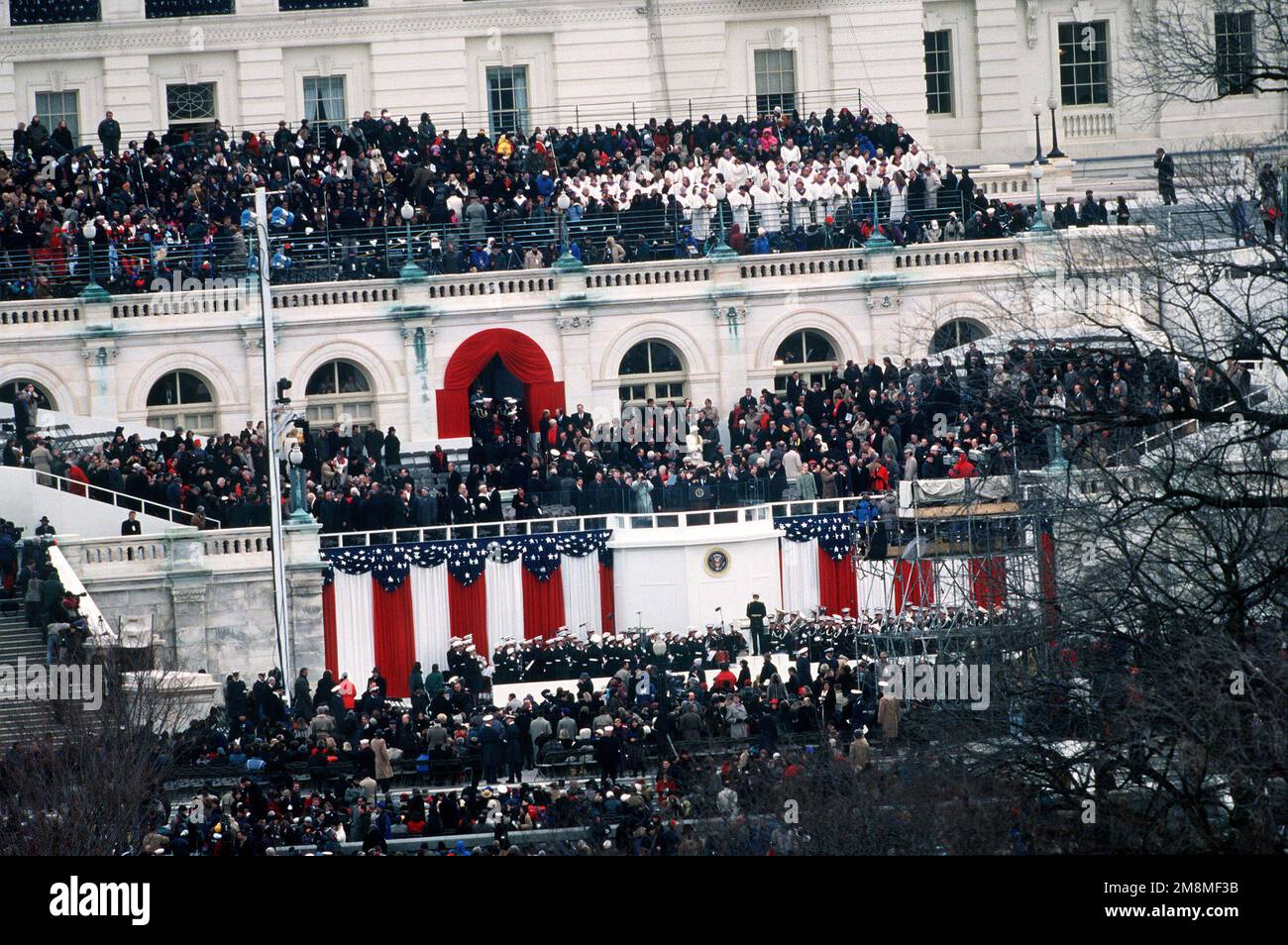 A high angel view looking down at the crowds lining the balconies of ...
