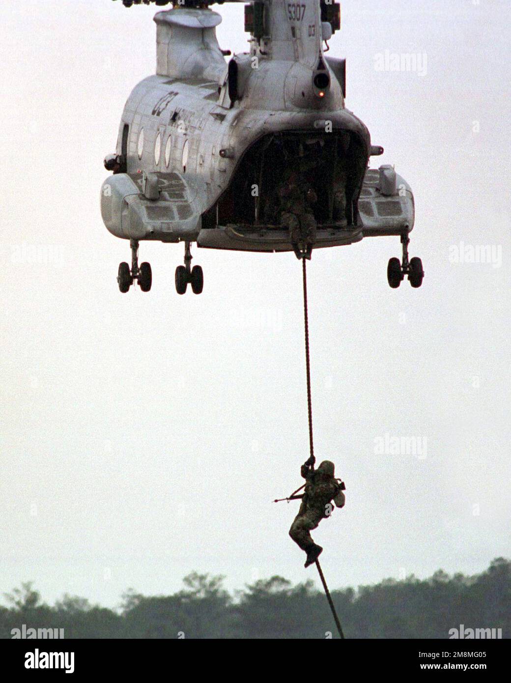 A Marine from 3rd Battalion, 2d Marines, fast ropes out of a CH-46E Sea ...
