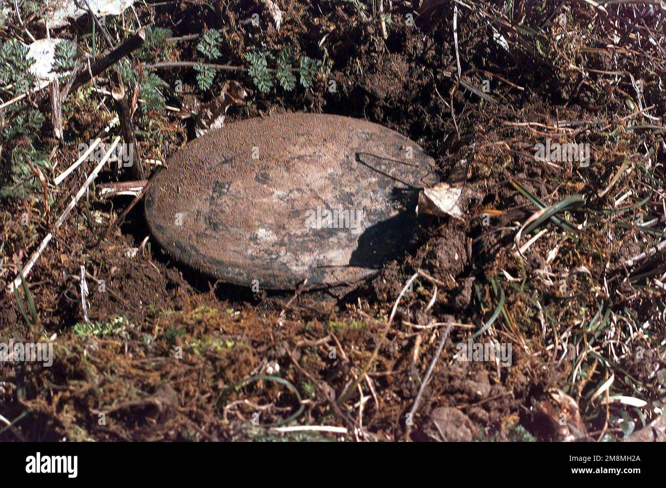 A partially exposed PMA-3 Anti-personnel Mine rests in a hole in the ...