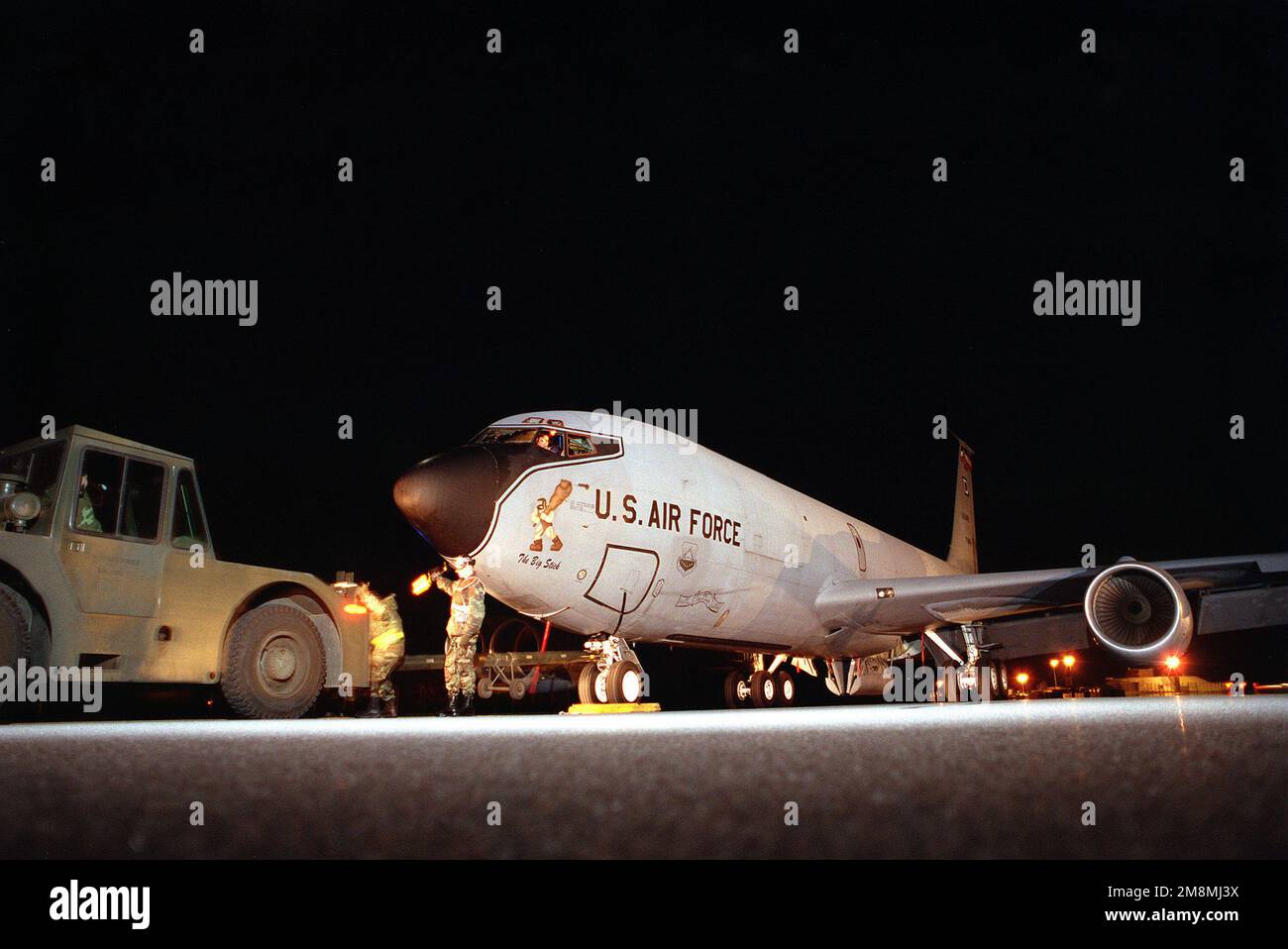 Nighttime view as a KC-135R tanker, assigned to the 100th Air Refueling ...