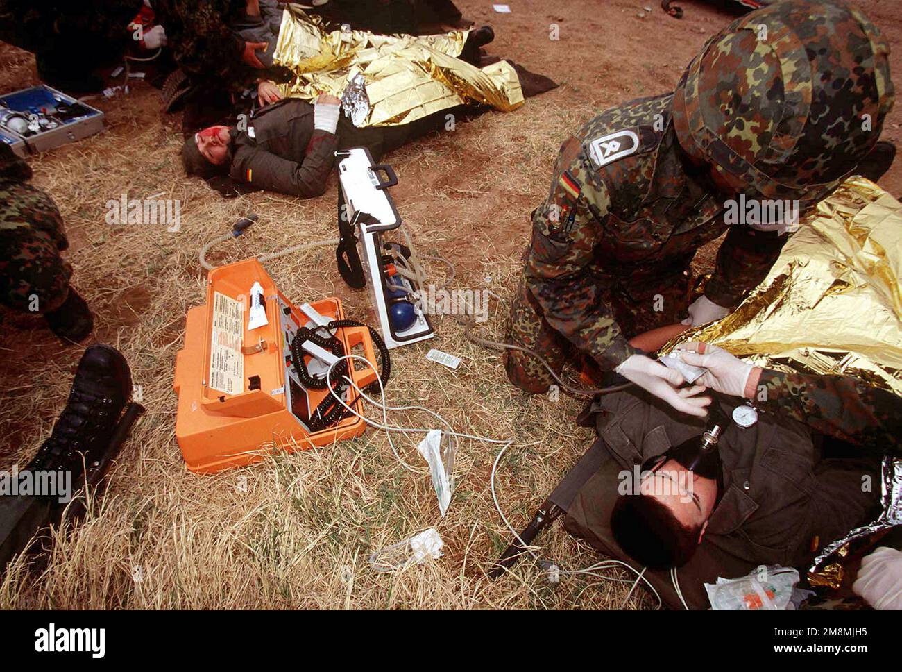 Simulated casualties, from a vehicle accident, on stretcher placed on ...