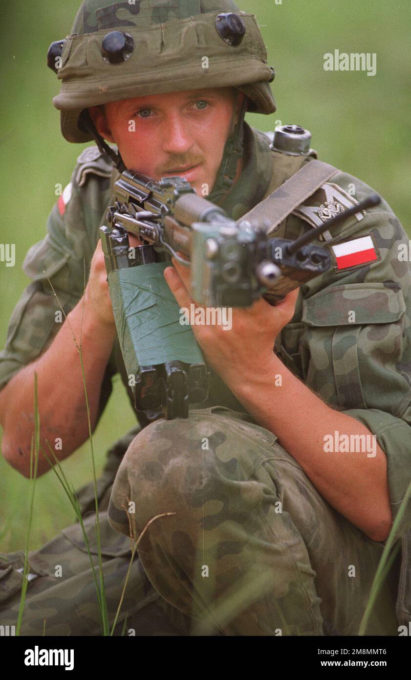 A Partnership For Peace soldier, armed with an AKMS assault rifle with ...