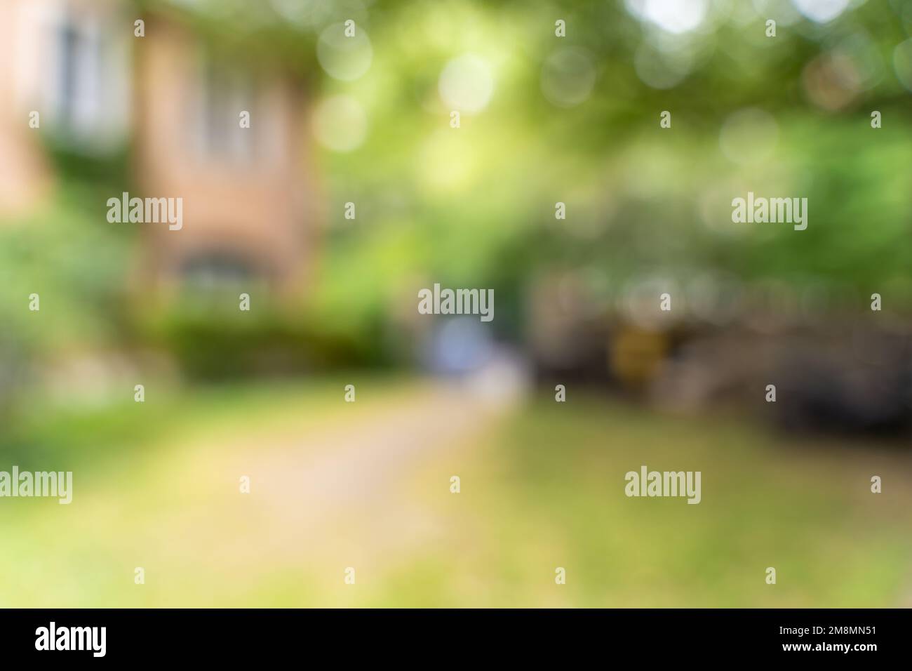 Blurred lawn background in a garden area. Empty space in a backyard can ...