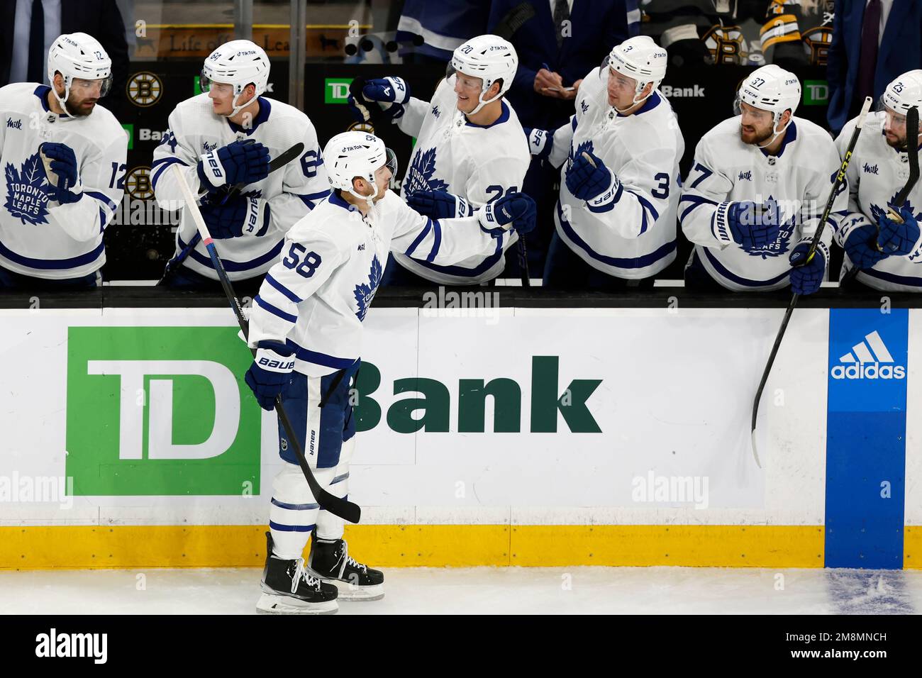 Toronto Maple Leafs' Michael Bunting (58) is congratulated for his goal ...