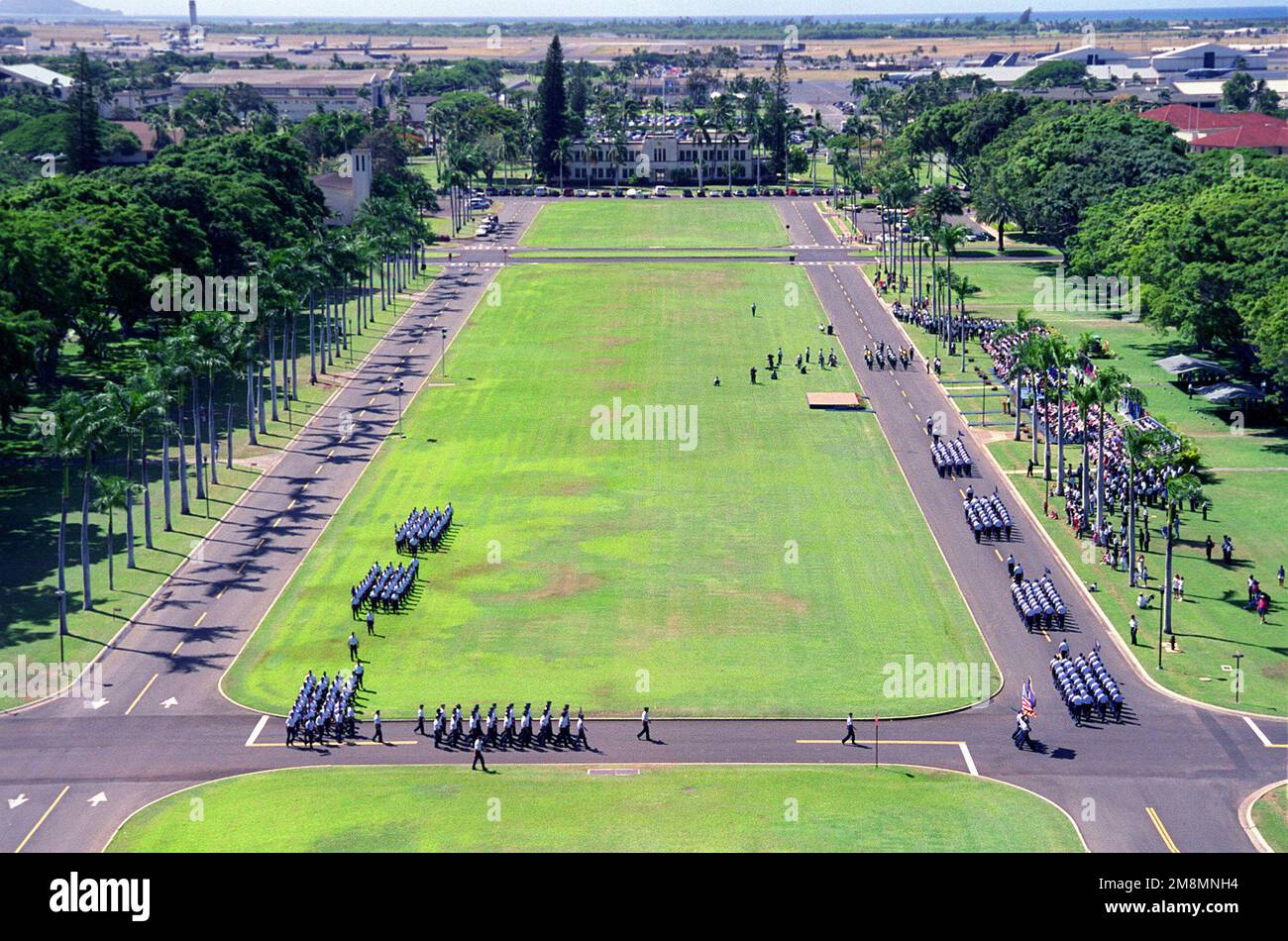 Aerial view of the pass and review of troops at the PACAF change of ...