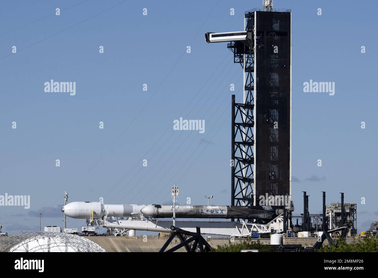 A SpaceX Falcon Heavy remains horizontal as final preparations are made ...