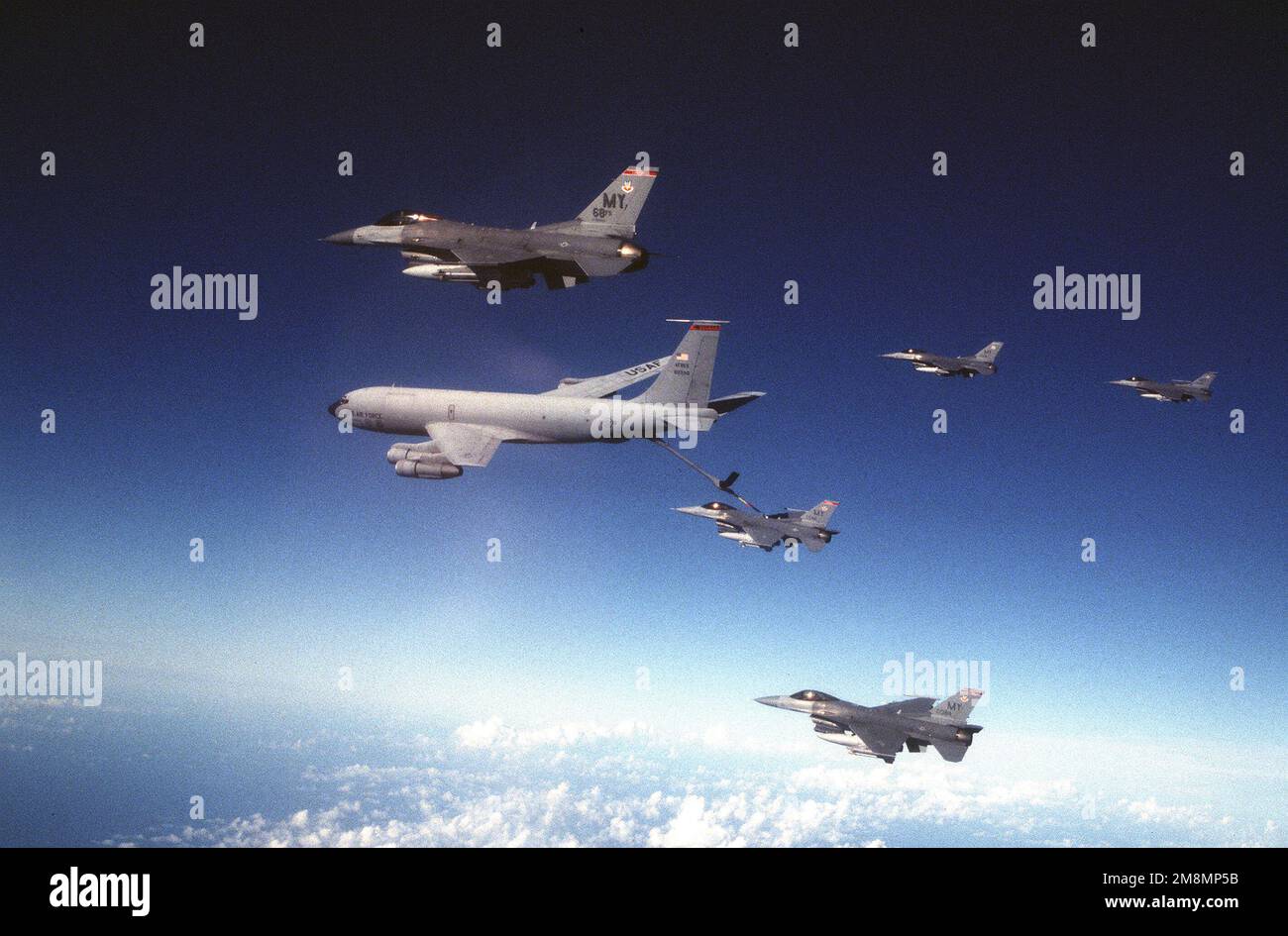 Five F-16 Falcon aircraft from the 347th Composite Wing, 69th Fighter ...