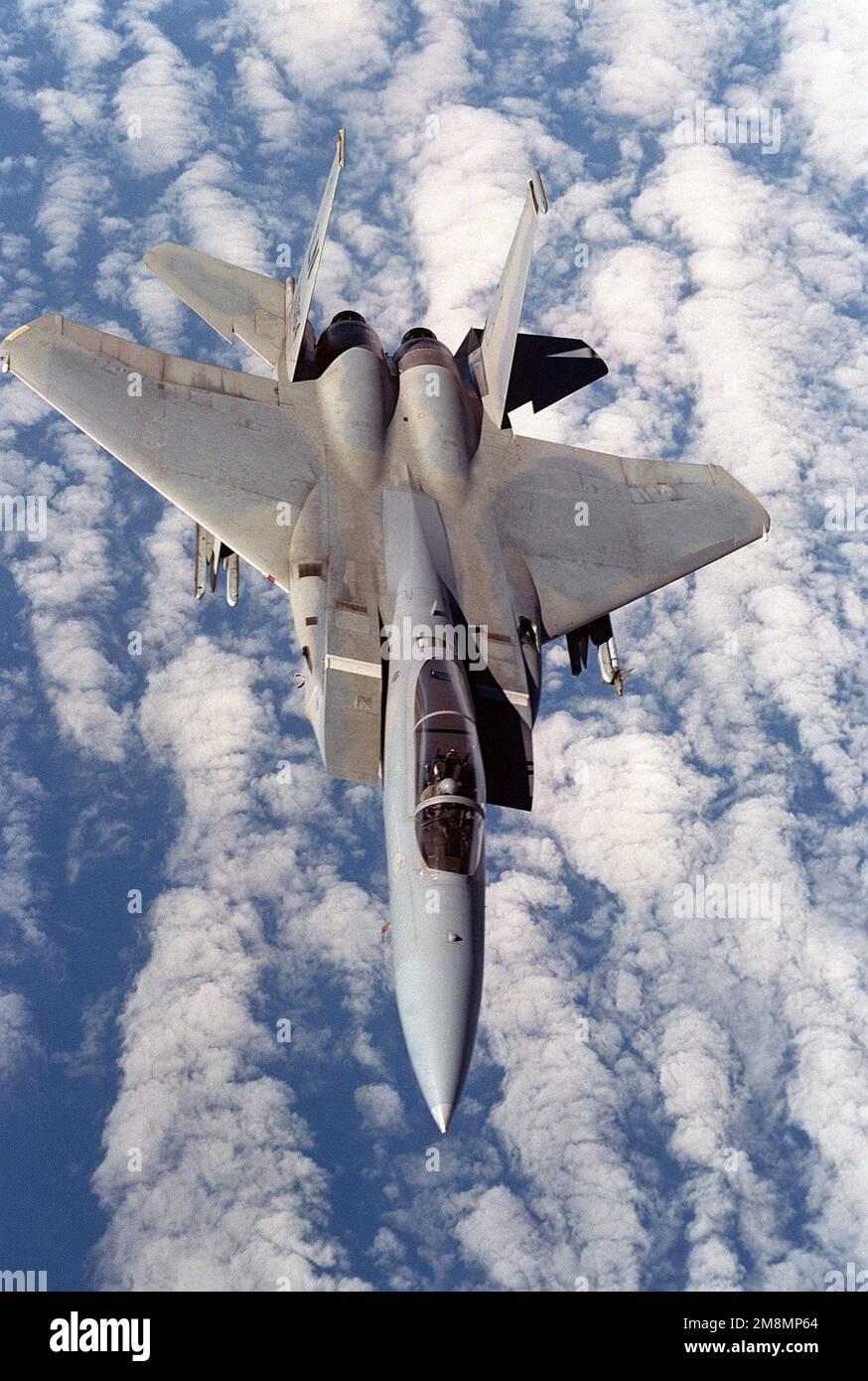 Aerial top view of an F-15C Eagle. The fighter plane was on a mission ...