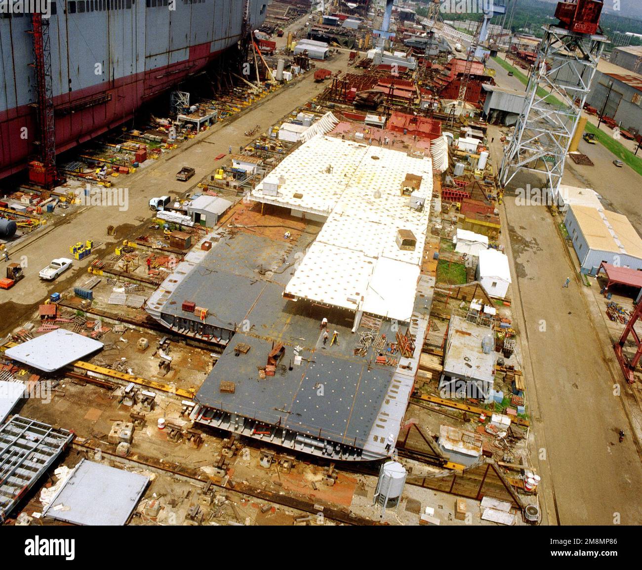 A view from forward, looking aft, of the construction progress on the ...