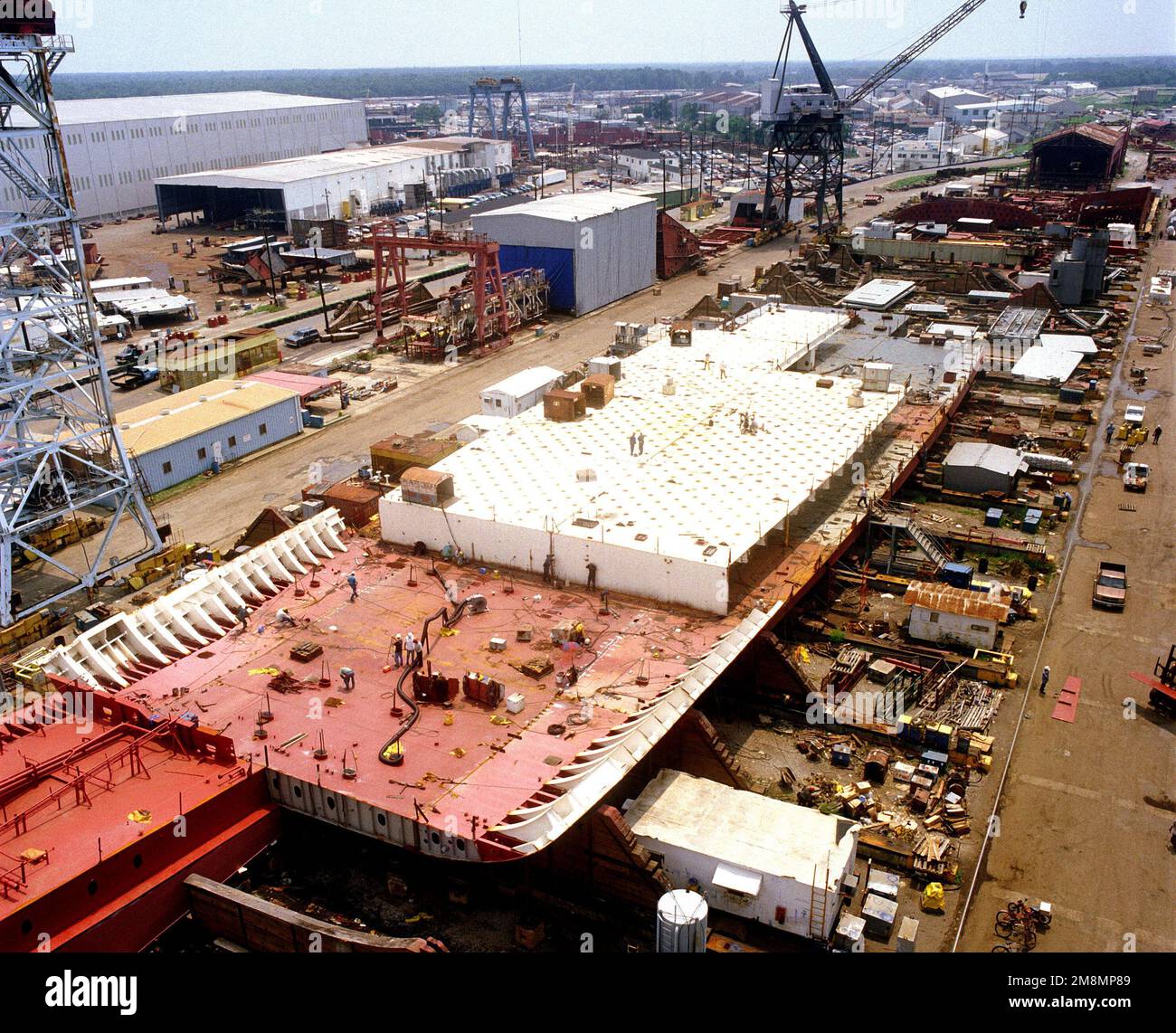 A view from aft, looking forward, of the progress of construction ...