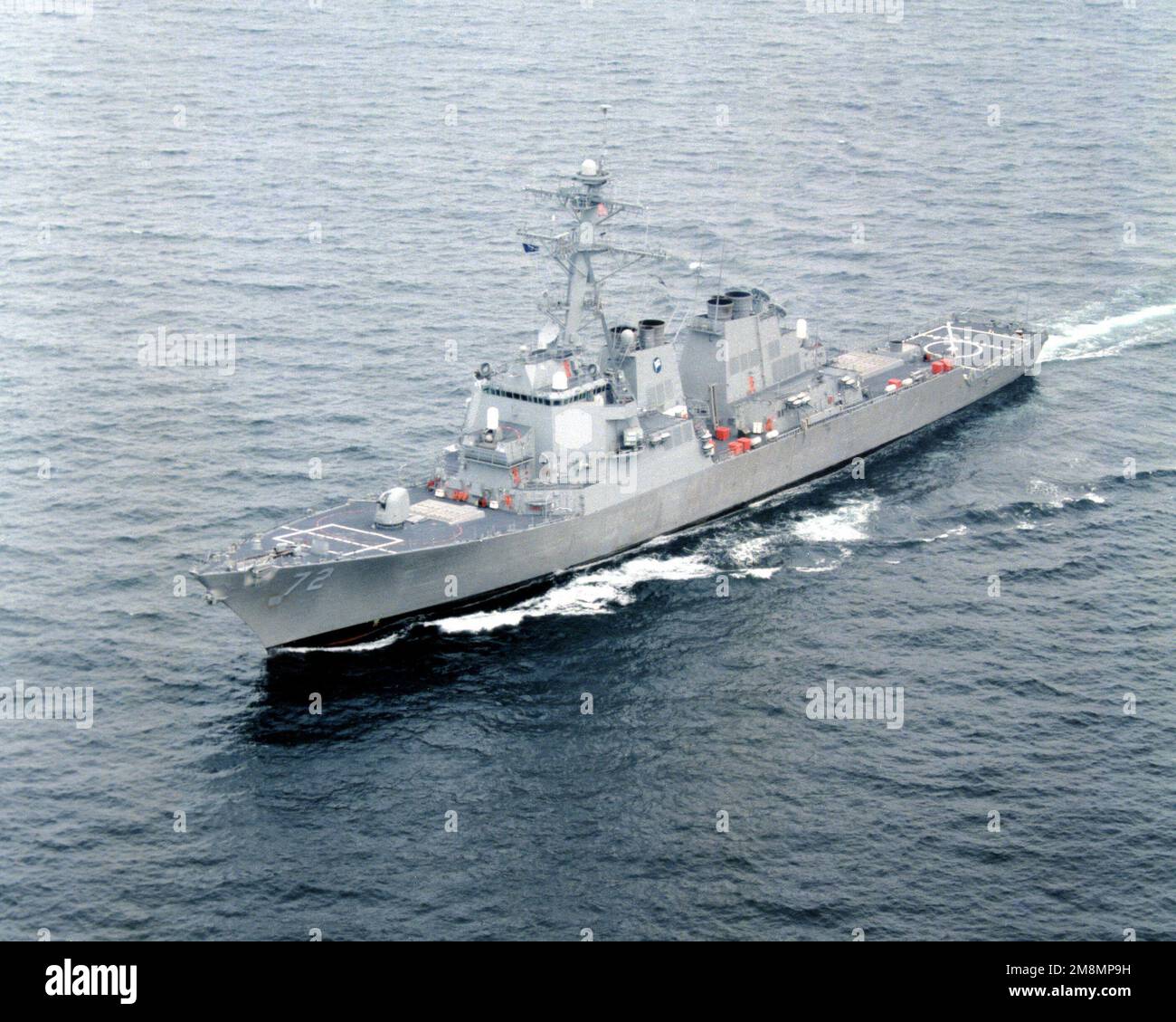 High oblique port bow view of the guided missile destroyer USS MAHAN ...