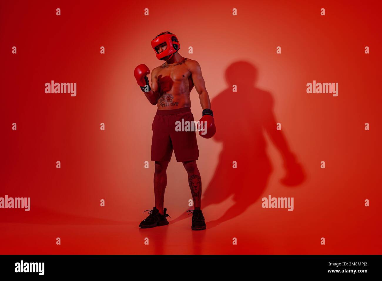 Sporty man wearing head guard and boxing gloves practicing for fight on ...