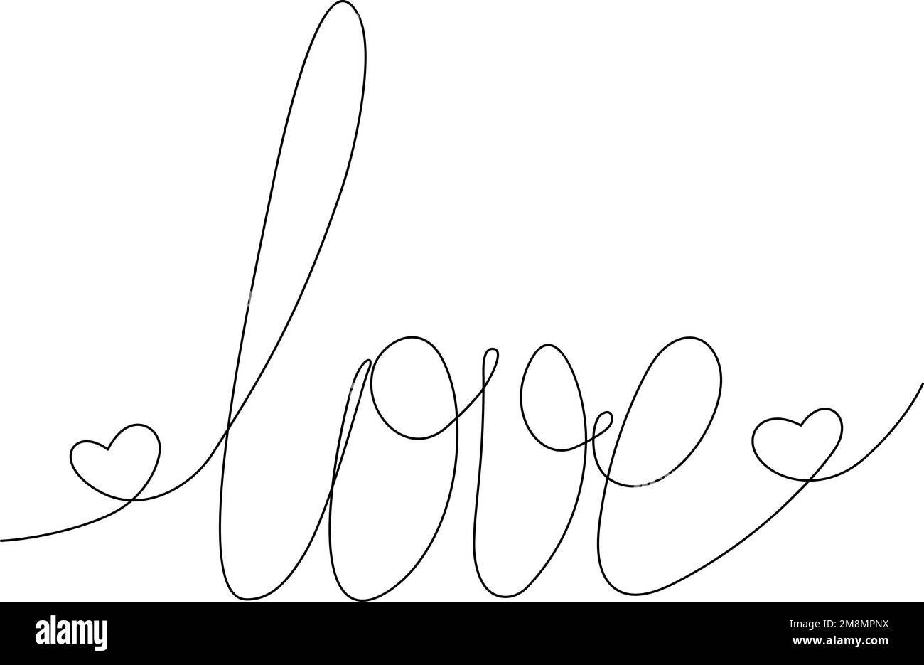 Continuous line drawing Hand drawn lettering love with hearts. One line ...