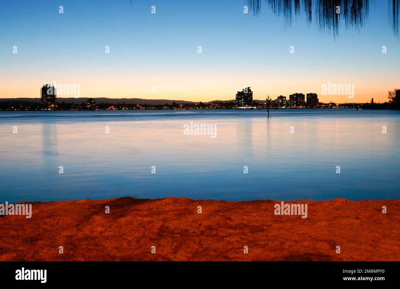 Twilight view across Nerang River to Southport from The Spit at Surfer ...