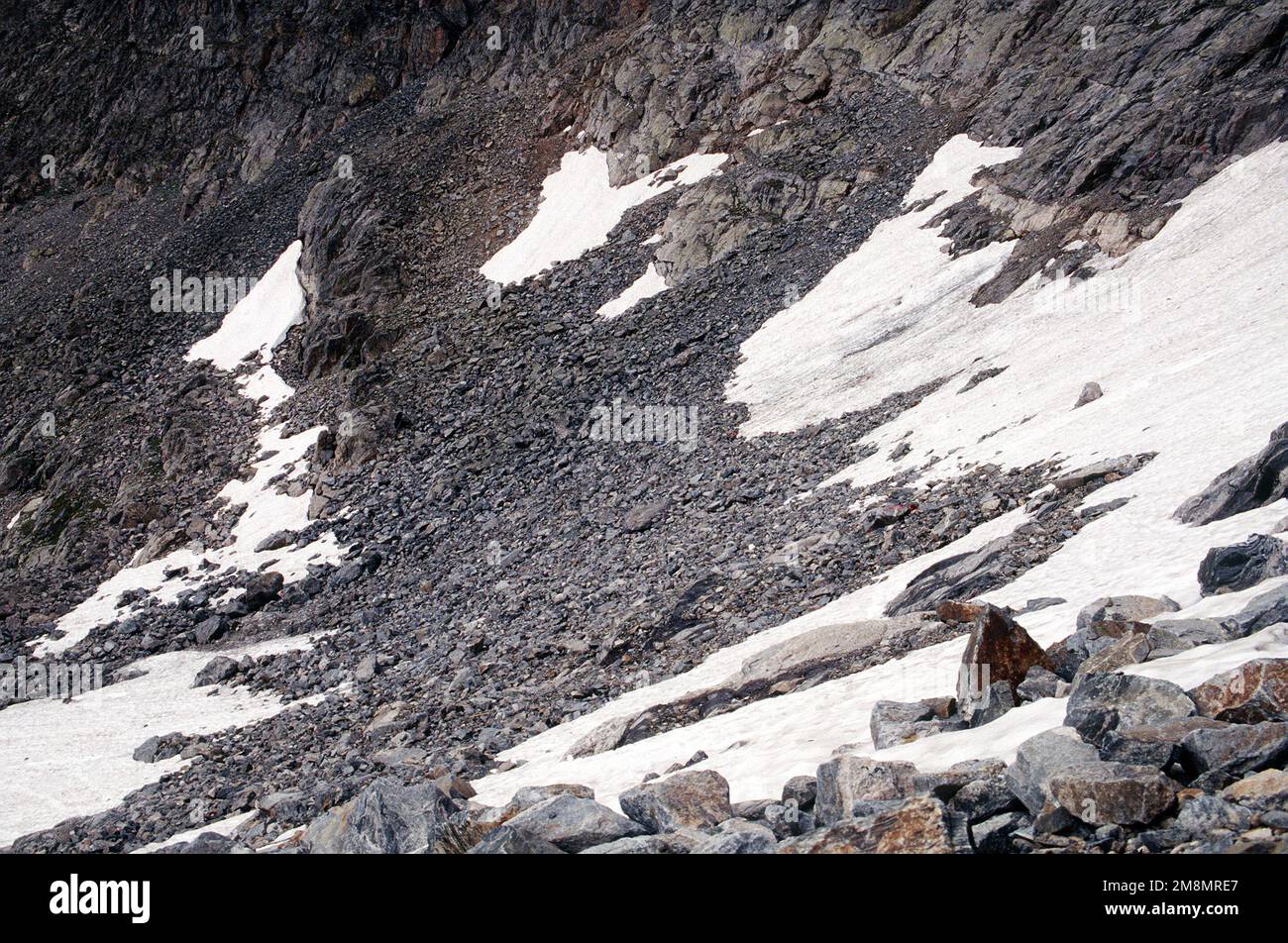 The snow unstable boulder field which must be traversed with extreme ...