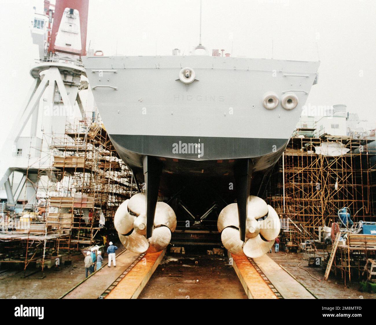 Stern view looking up at the rudders and propellers of the Arleigh ...