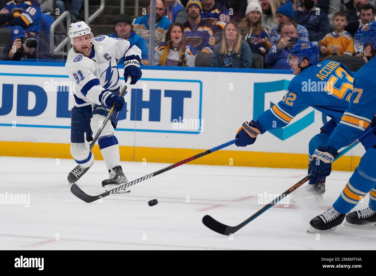 Tampa Bay Lightning's Steven Stamkos (91) passes around St. Louis Blues ...