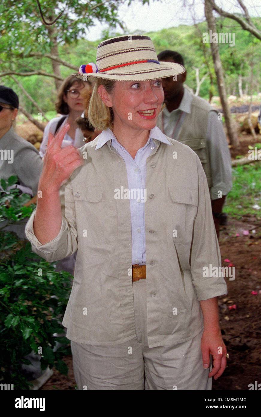 The First Lady, Mrs. Hillary Rodham-Clinton, wears a typical hat ...