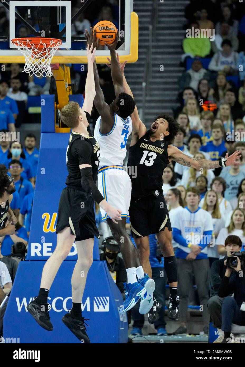 UCLA forward Adem Bona (3) shoots against Colorado center Lawson ...