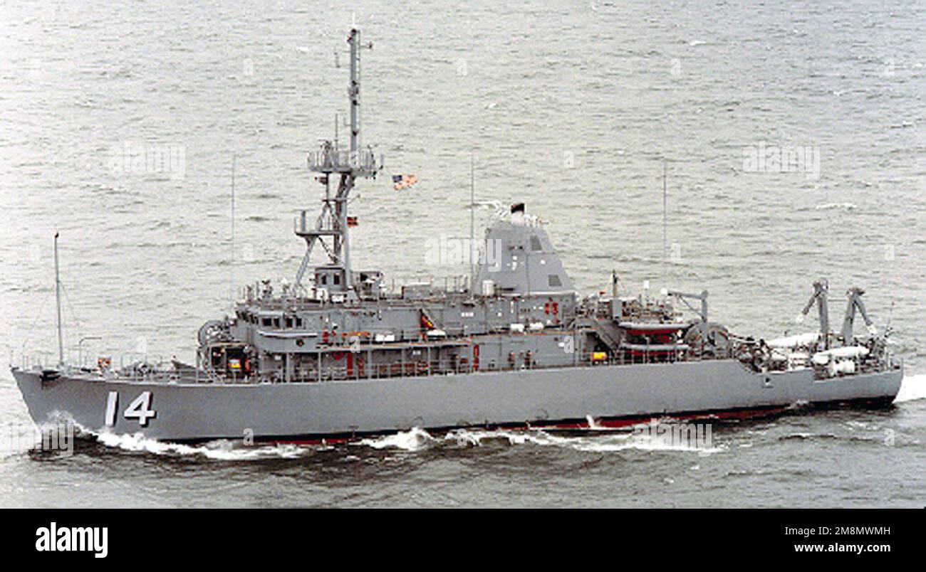 A port side view of the AVENGER CLASS Mine Countermeasures Vessel USS ...