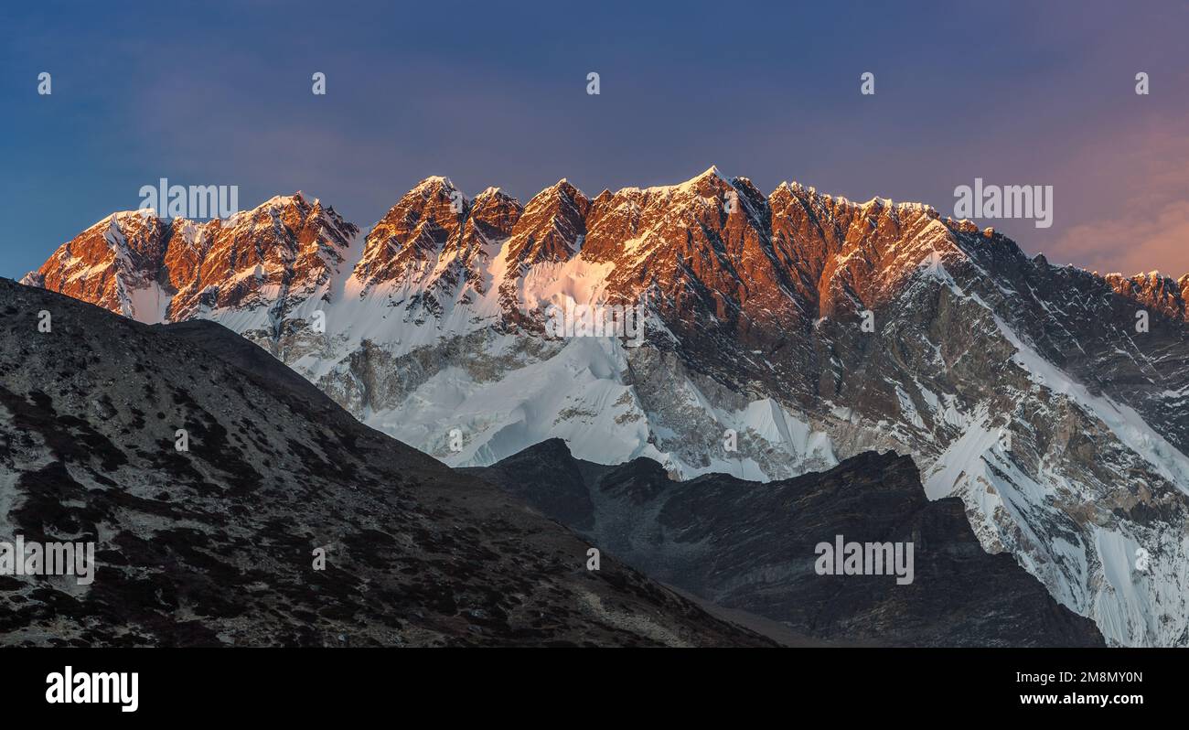 Beautiful sunset over Himalayan mountains on a clear day. Lhotse ...