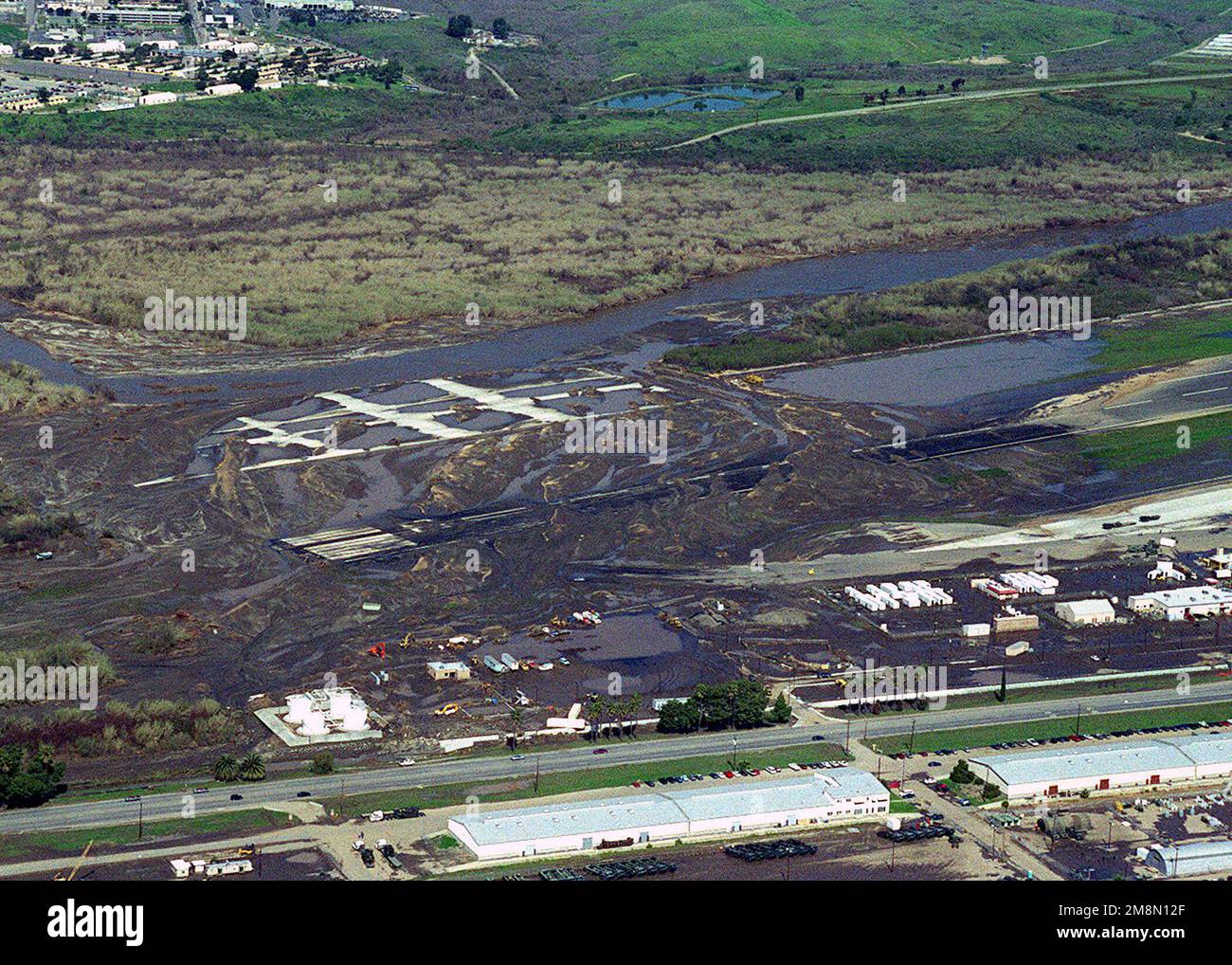 Aerial view of flood damage to 22 Area Camp Pendleton California. Base ...