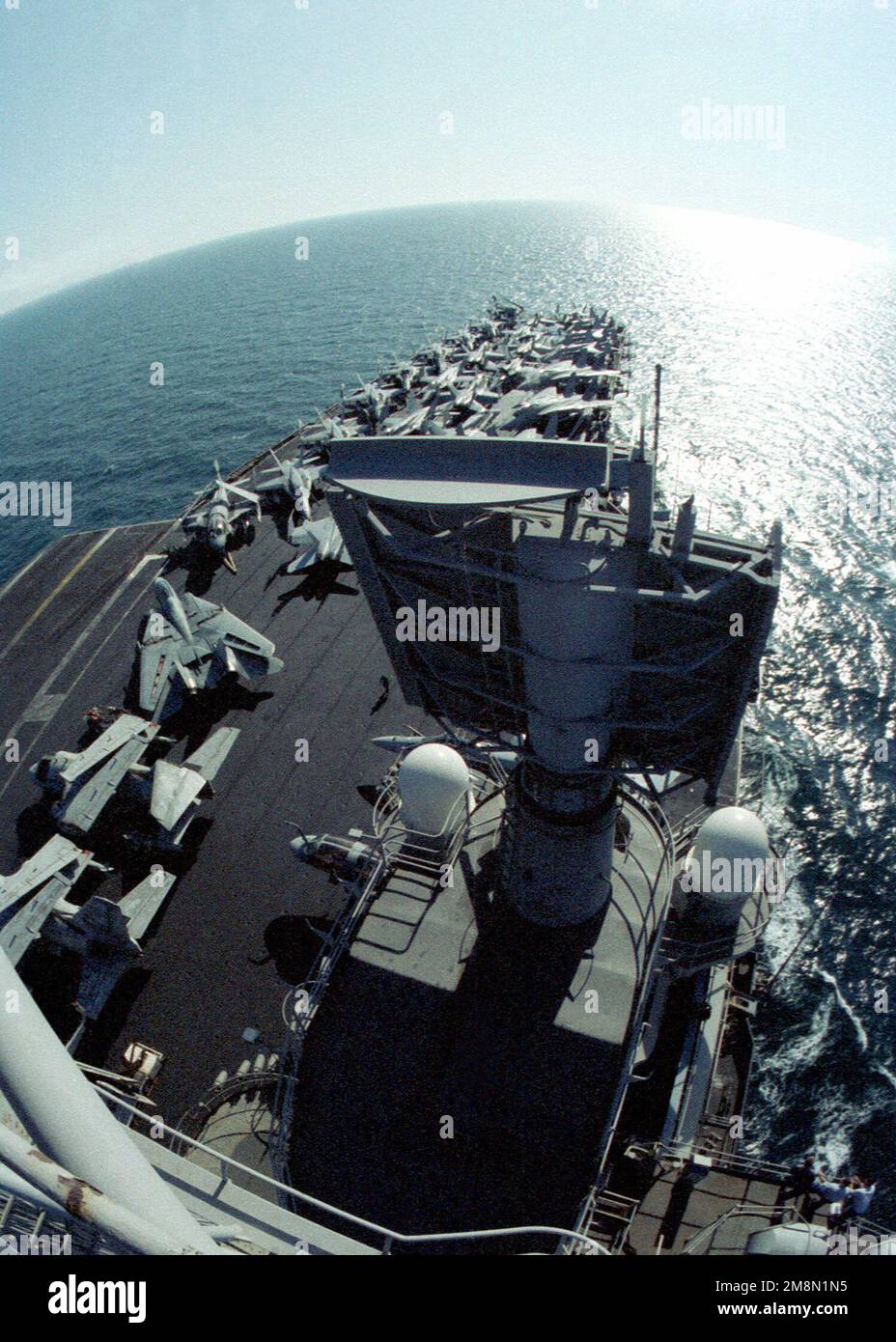 A view high atop the Forrestal Class Aircraft Carrier, USS INDEPENDENCE ...