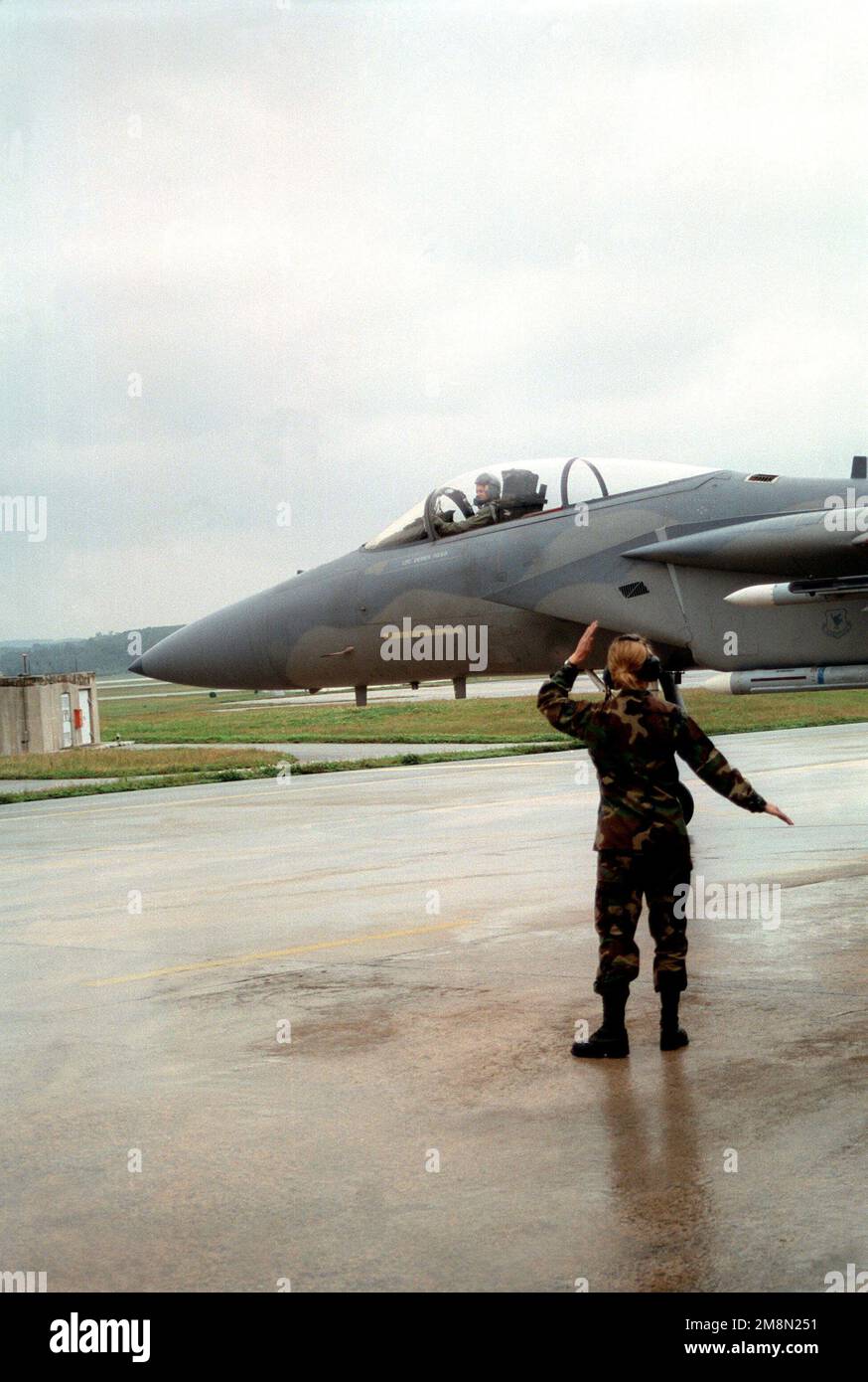 US Air Force AIRMAN First Class Candace Hitchcock signals to F-15 Eagle ...