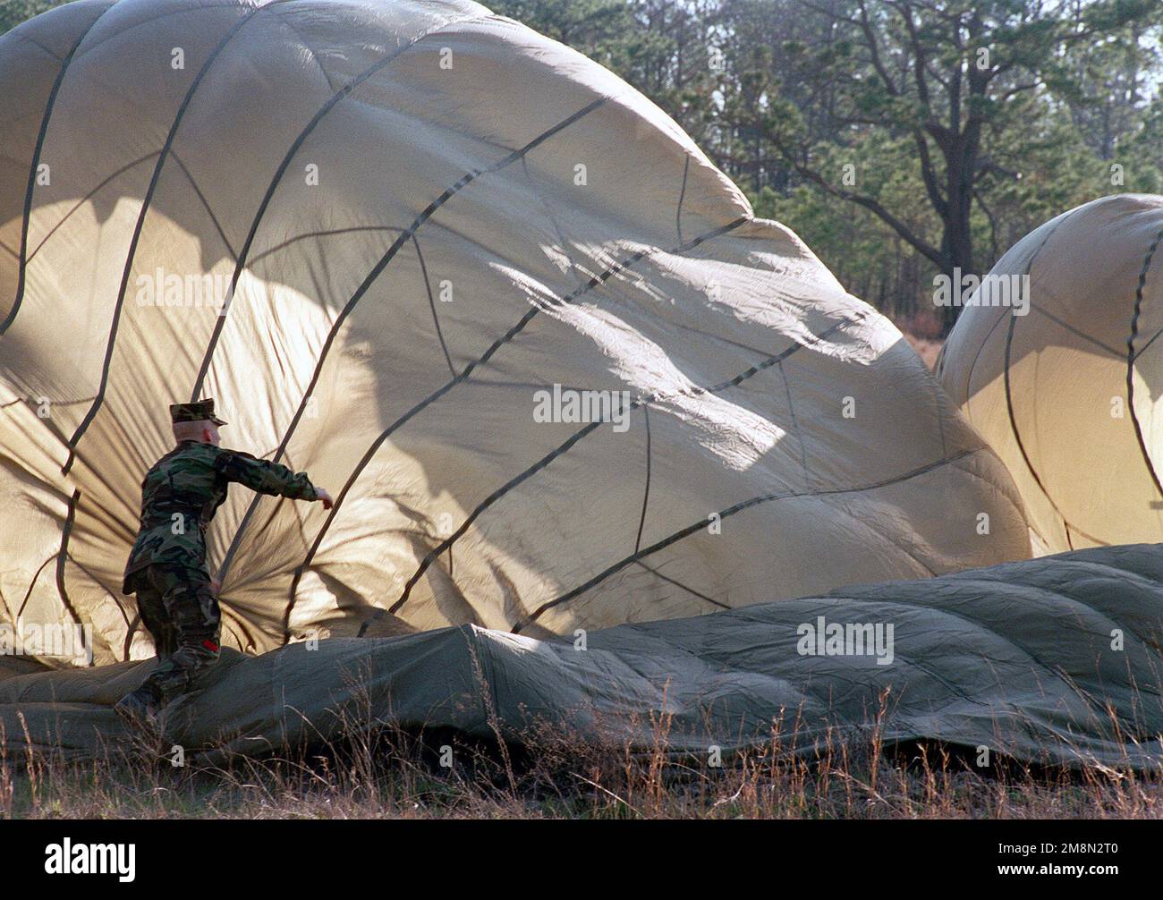 A Marine from the 2nd Landing Support Battalion pulls in the parachute ...