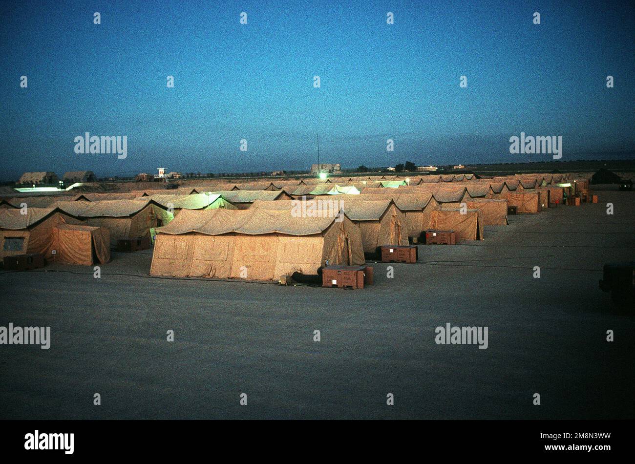 Shot of the tent city in Al Jaber, Kuwait, which is home to more than ...