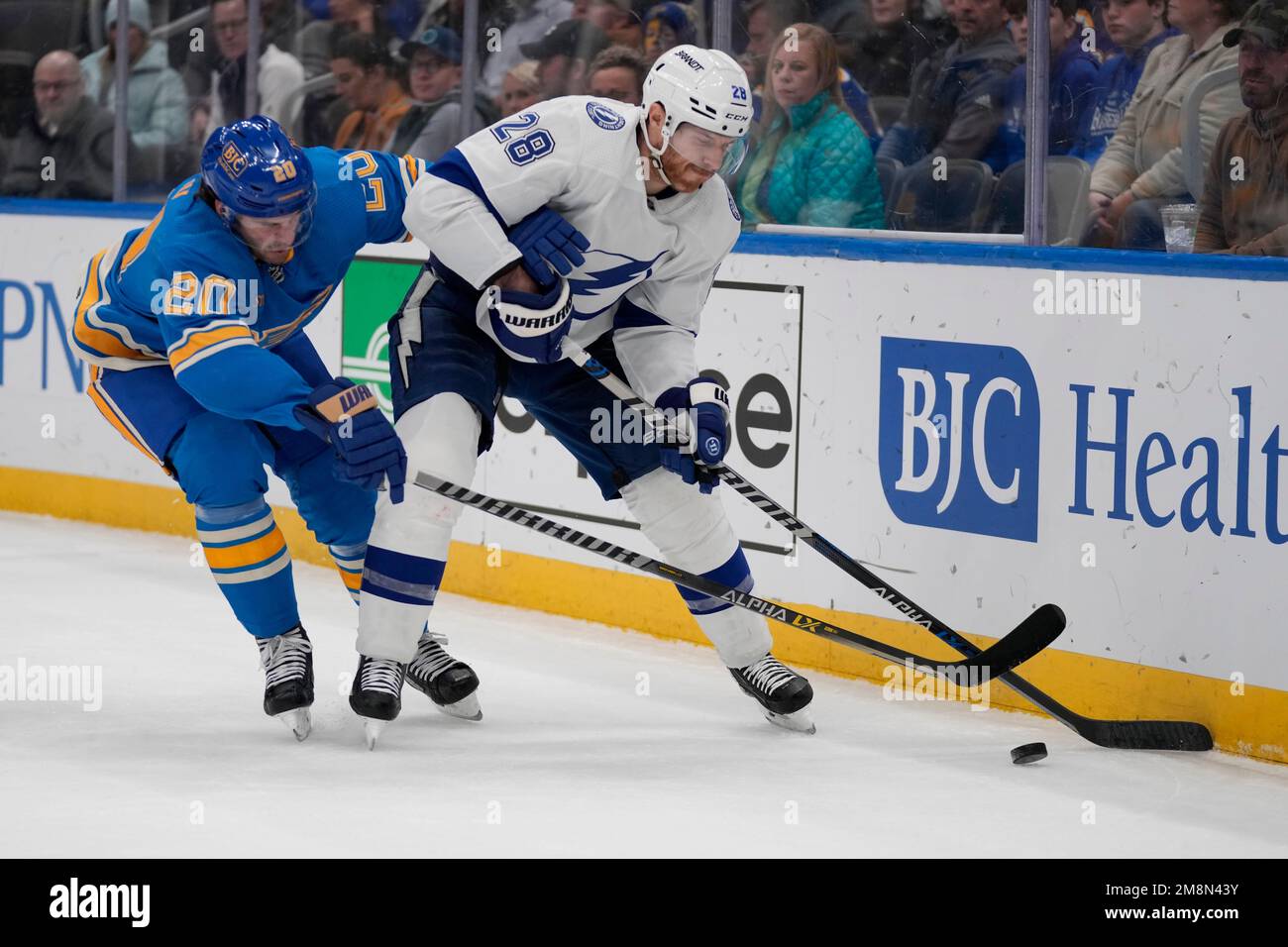 St. Louis Blues' Brandon Saad (20) and Tampa Bay Lightning's Ian Cole ...