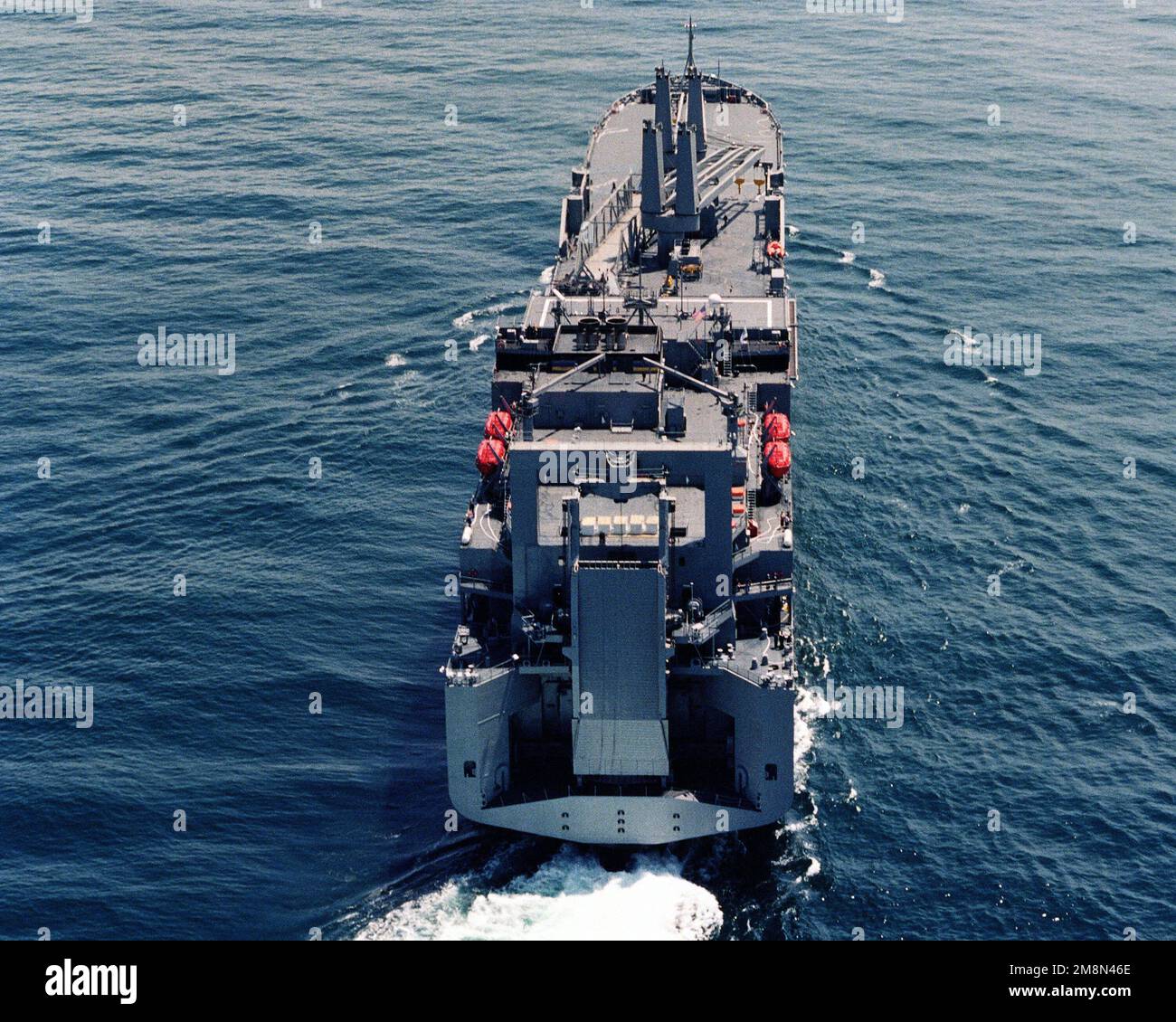 High oblique stern-on view of the Military Sealift Command (MSC) strategic heavy lift ship USNS ...