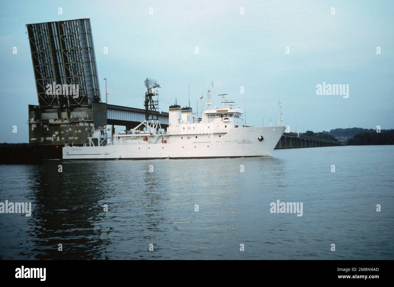 Starboard bow view of the Military Sealift Command (MSC) surveillance ship USNS INDOMITABLE (T ...