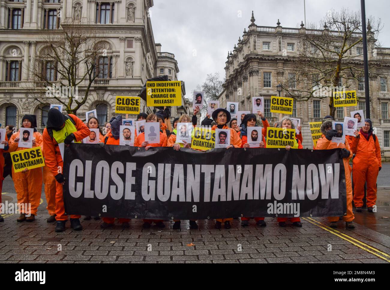London, UK. 14th Jan, 2023. Protesters hold a 'Close Guantanamo now ...