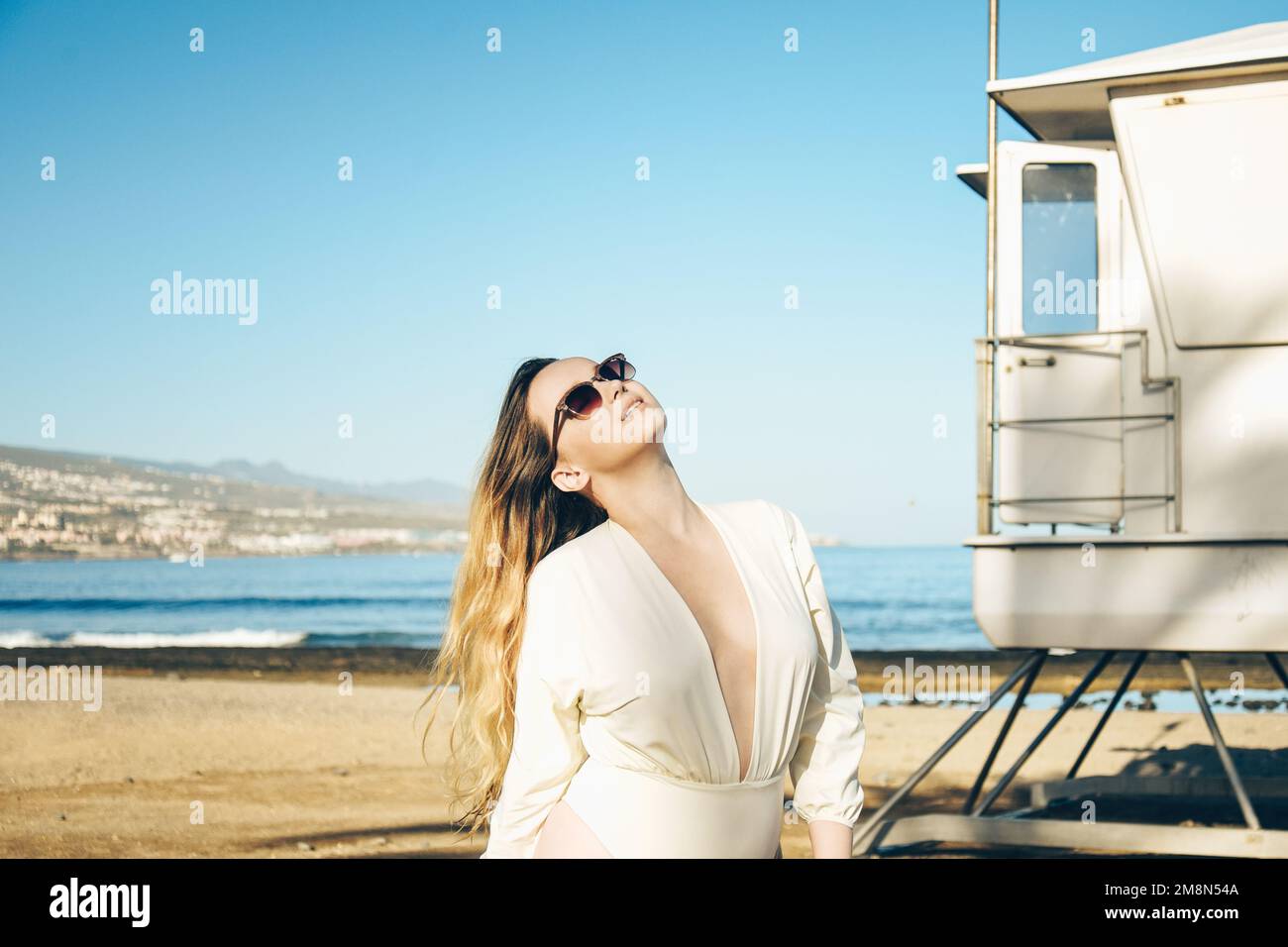 Summer, good emotions, woman smiling and laughing on a trip on the ...