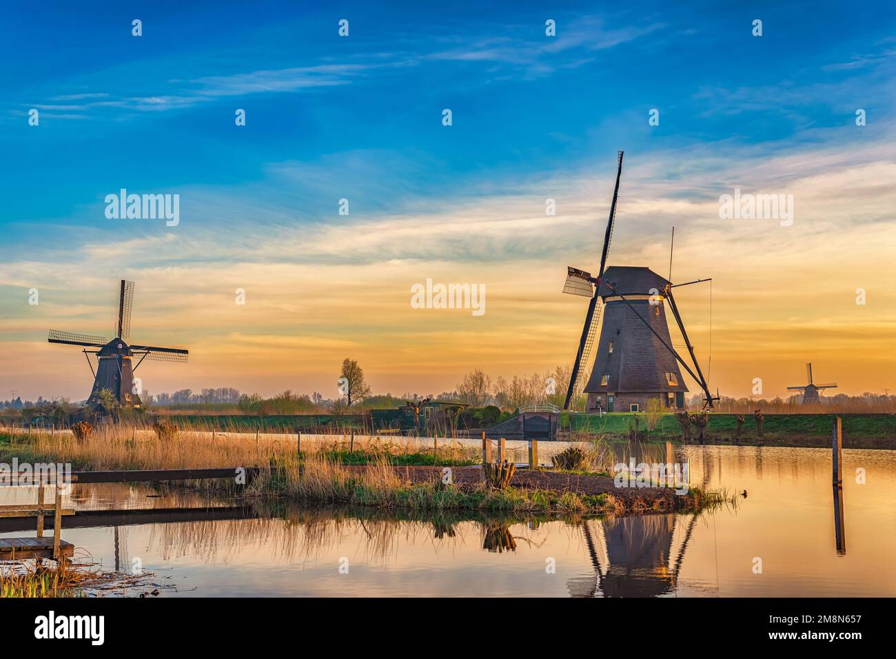 Rotterdam Netherlands, sunrise nature landscape of Dutch Windmill at ...