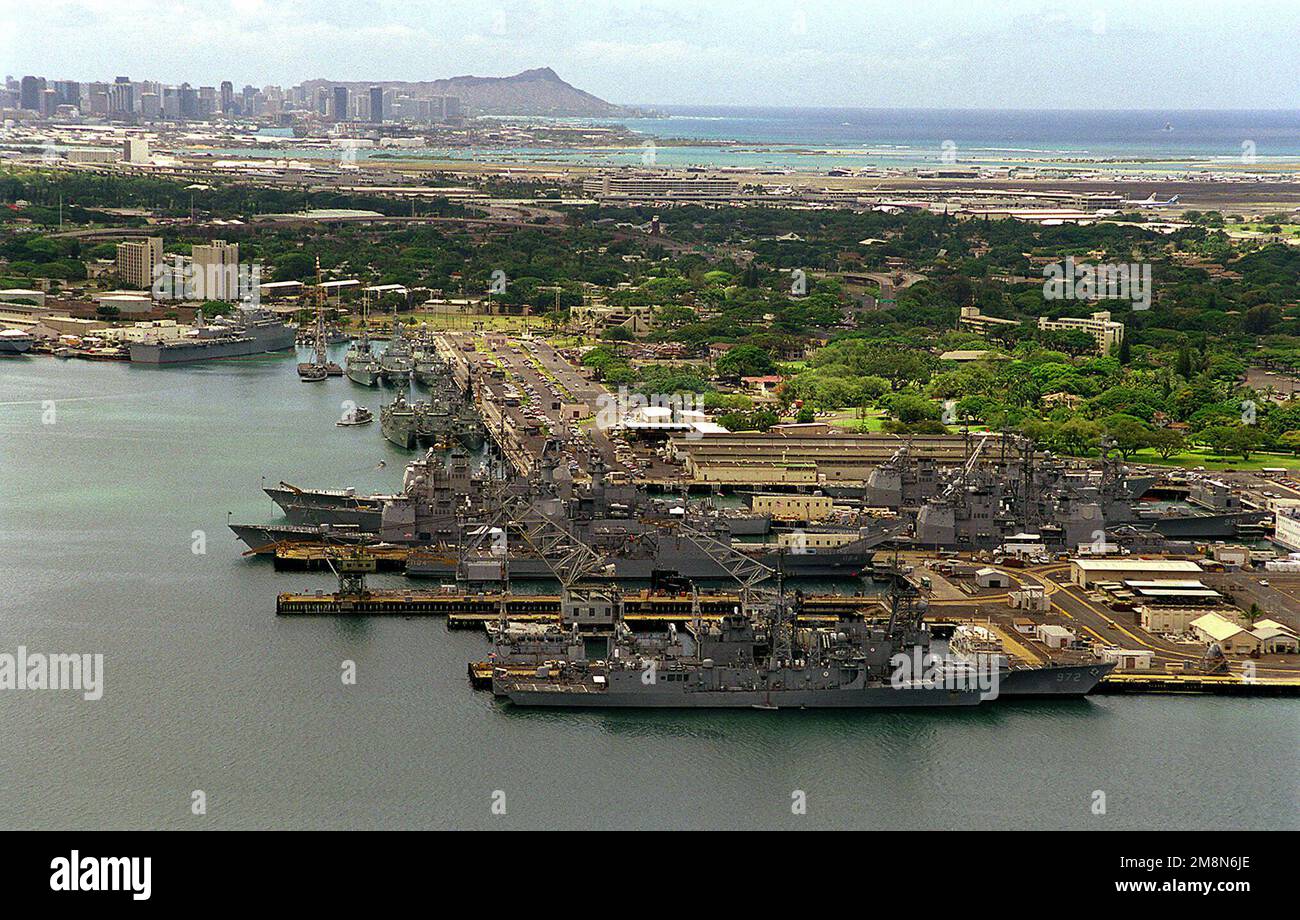 An aerial view of US Navy ships staging at NAS Pearl Harbor's ...