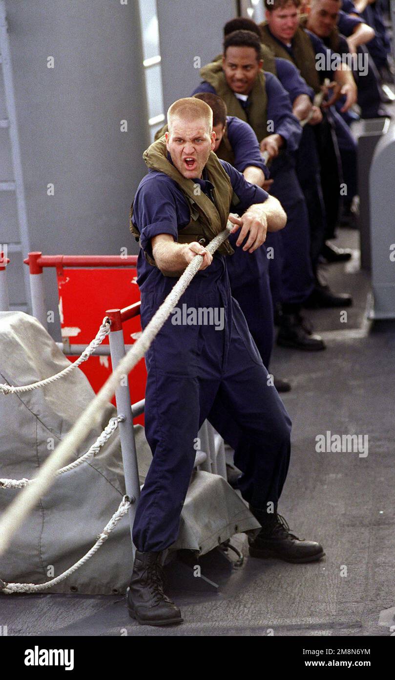 HEAVE!, yells Fire Control Technician 3rd class Steven Heaps as he ...
