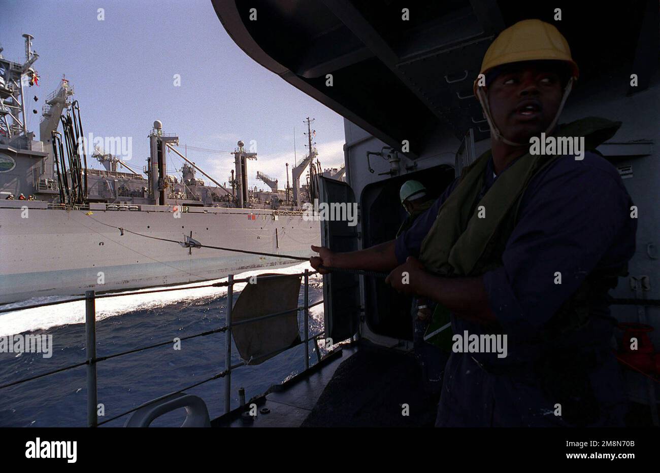 During underway replenishment on board the Spruance class destroyer USS ...