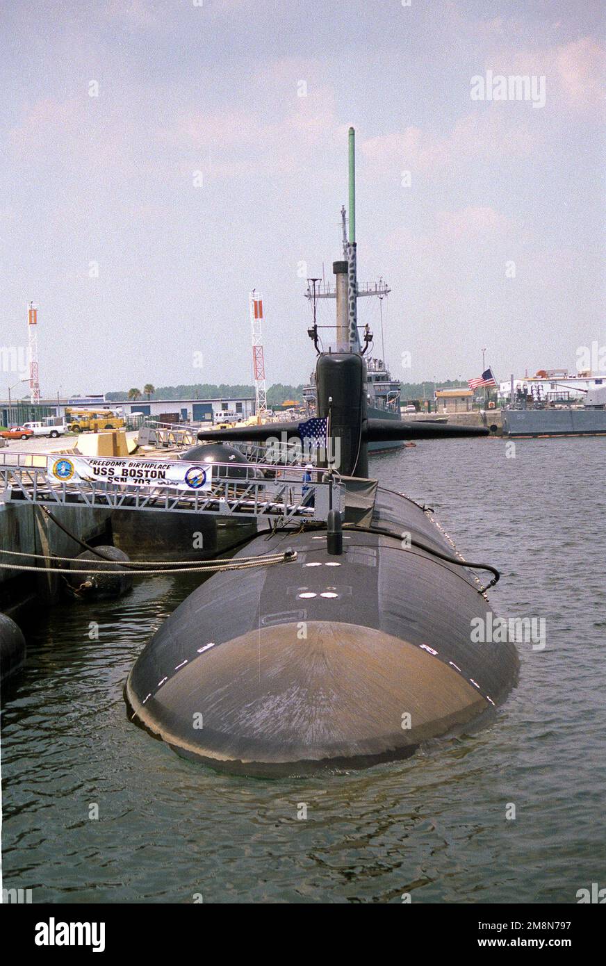 A bow view of the nuclear-powered attack submarine USS Boston (SSN-703 ...