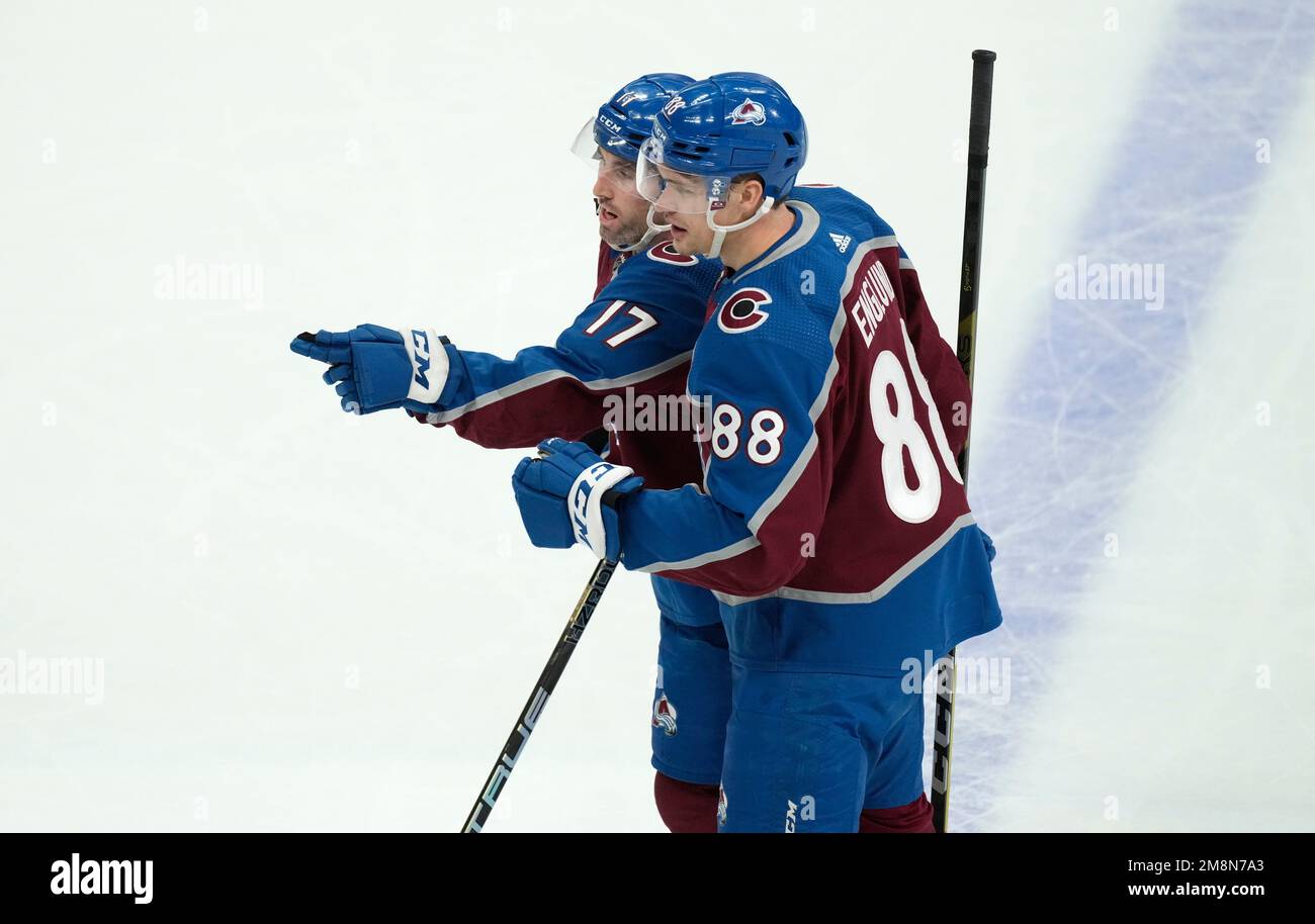 Colorado Avalanche defenseman Andreas Englund (88) congratulates ...