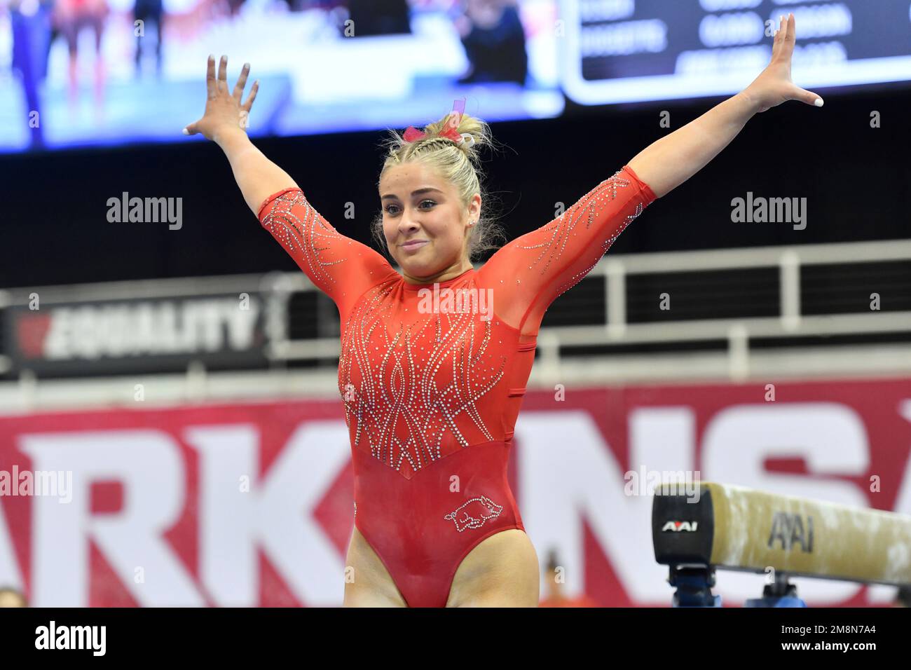 Arkansas gymnast Cally Swaney competes on the beam against Alabama ...