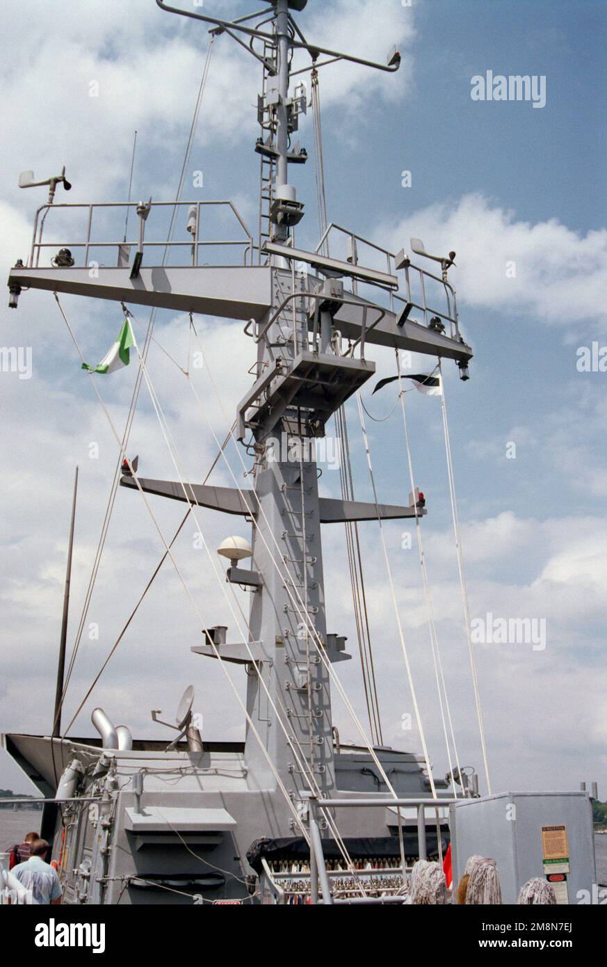 Detail of mast of Osprey class coastal mine hunter USS ROBIN (MHC 54 ...