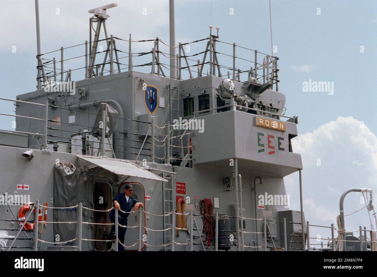 Starboard rear view of the bridge of Osprey class coastal mine hunter ...