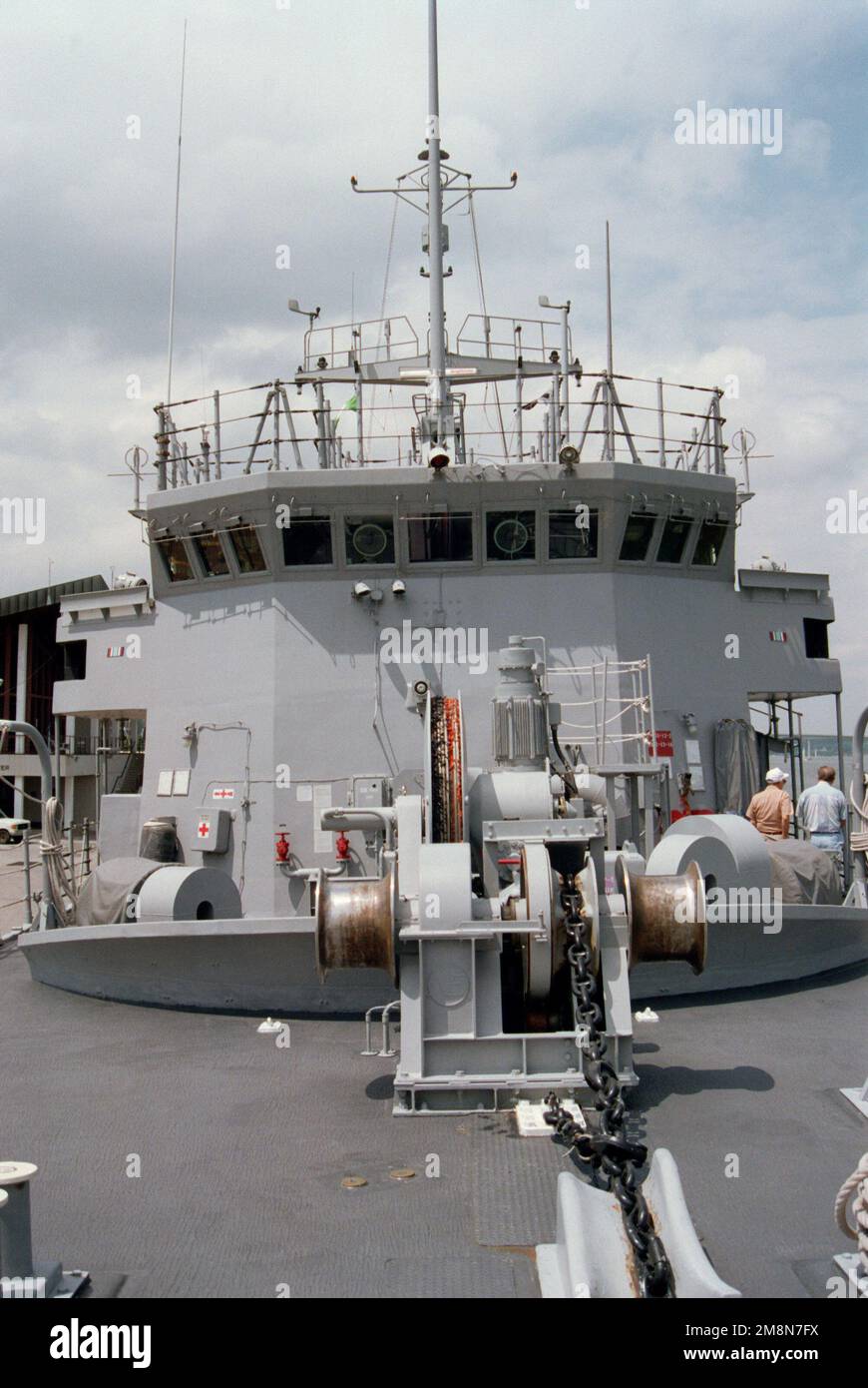 Bow view, on the deck of the bridge, of Osprey class coastal mine ...