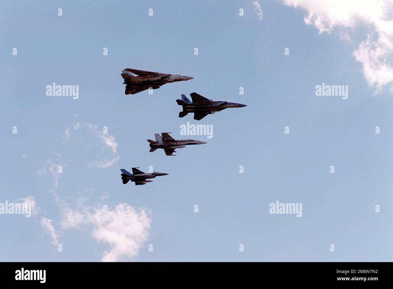 Fly-over by US Navy F-14 Tomcat aircraft, US Air Force F-1 Mirage ...