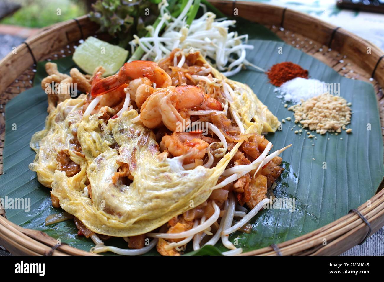 close up pad thai original style thai food with shrimp egg bean sprout ...